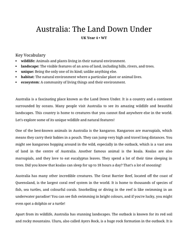 Australia: The Land Down Under Reading Comprehension Bundle | Year 4 ...
