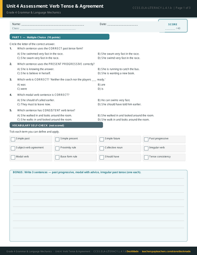 Year 4 Verb Tense & Agreement Unit | AC v9.0 | Teaching Resources