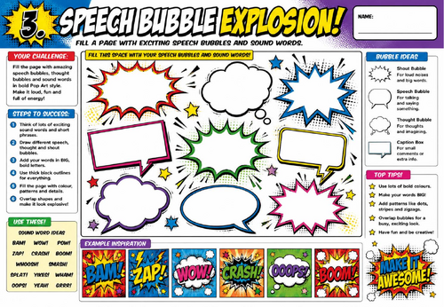 Speech Bubble Explosion Worksheet | KS2 KS3 Art Cover Lesson | Pop Art ...