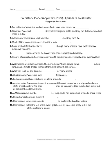 Prehistoric Planet - Episode 3: Freshwater - Worksheet & Key | Teaching ...