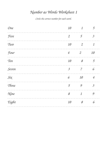 10 Number as Words Recognition Worksheets | Teaching Resources