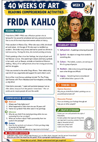 Frida Kahlo Reading Comprehension Activity | KS3 Art Literacy & Artist ...