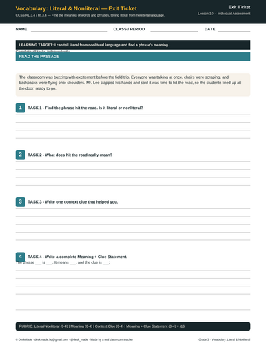 Grade 3 Literal and Nonliteral Language Reading Unit - 10 Lessons RL.3. ...