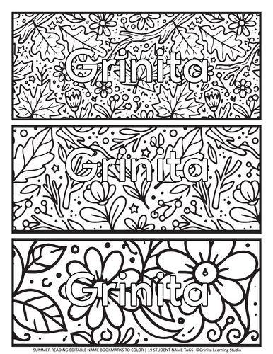 Summer Reading Editable Name Bookmarks to Color | 19 Student Name Tags ...