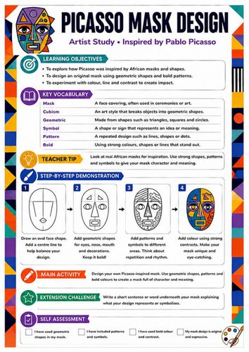 Pablo Picasso Mask Design Worksheet | Cubism KS3 Art | Teaching Resources