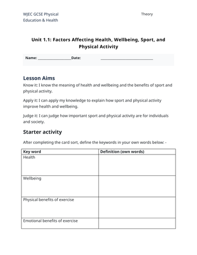 WJEC GCSE PE AND HEALTH 1.1.1-Lesson 1 | Teaching Resources