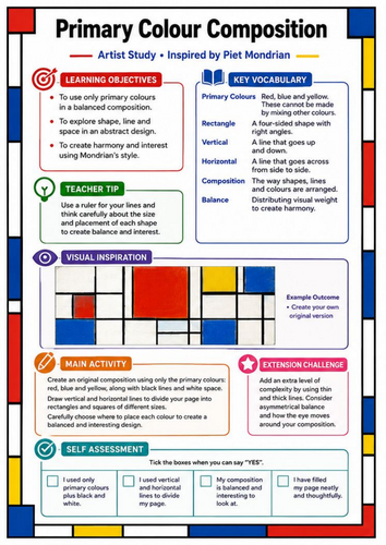 Piet Mondrian Primary Colour Composition | KS3 Art Worksheet & Cover ...