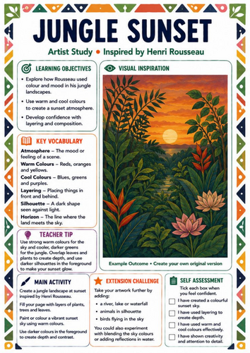 Henri Rousseau Jungle Sunset Worksheet | Warm & Cool Colours KS3 Art ...
