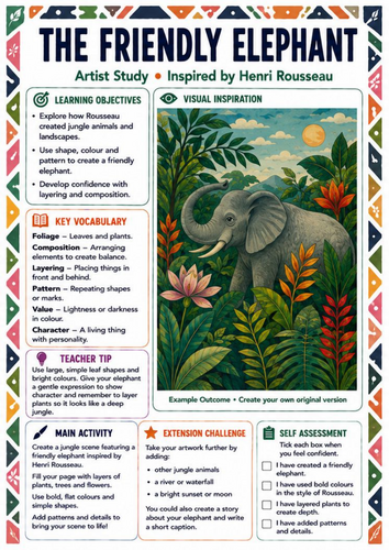 Henri Rousseau Friendly Elephant Worksheet | KS3 Jungle Animal Art ...