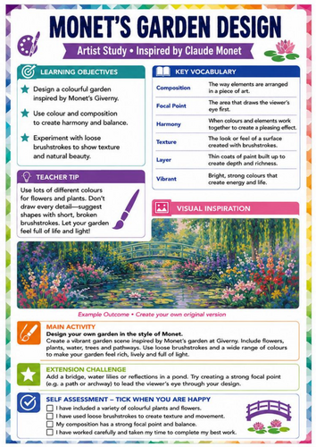 Claude Monet Garden Design Art Worksheet | Impressionism KS3 Art ...