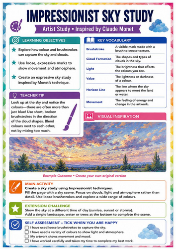 Claude Monet Impressionist Sky Study Worksheet | Colour & Brushwork KS3 ...