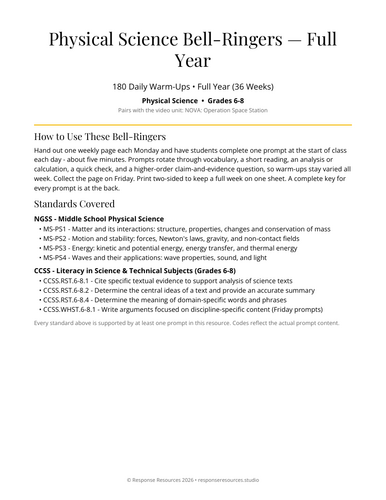 Physical Science Bell Ringers FULL YEAR - 180 Daily Warm-Ups (Grades 6 ...