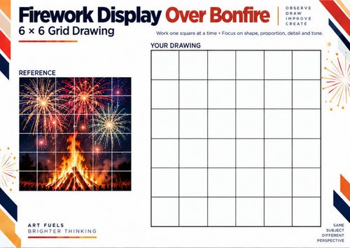 Firework Display Over Bonfire Grid Drawing Worksheet | KS3 & KS4 Art ...