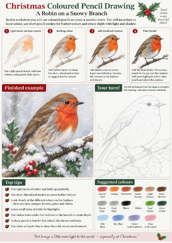Christmas Coloured Pencil Drawing Worksheets | 20 Step-by-Step Festive ...