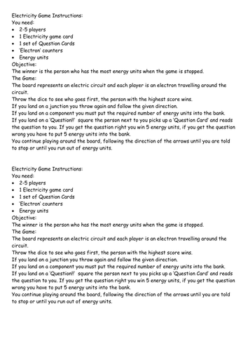Electricity game | Teaching Resources