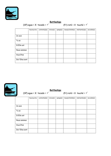 Battleships Games French/Spanish | Teaching Resources