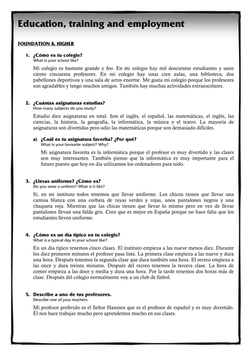 Spanish Edexcel Questions- Education & Work | Teaching Resources