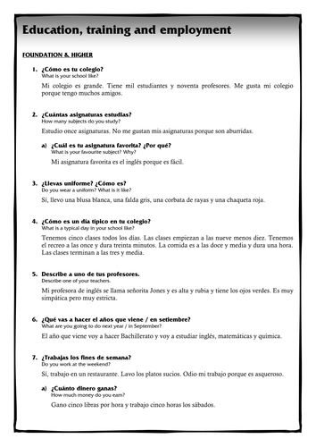 Spanish Edexcel Questions- Education & Work | Teaching Resources