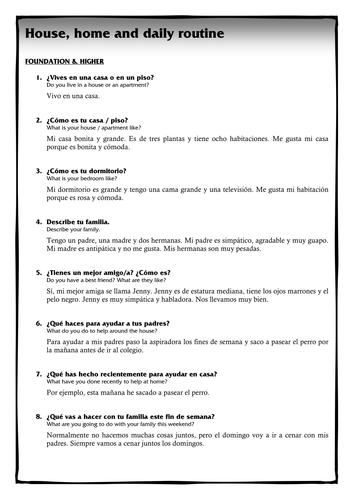 Spanish Edexcel Questions- Home & Daily Routine | Teaching Resources