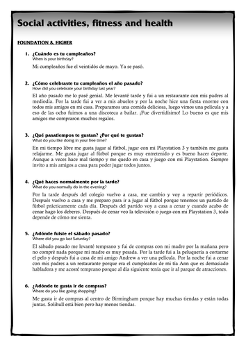Spanish Edexcel Questions- Health & Fitness | Teaching Resources