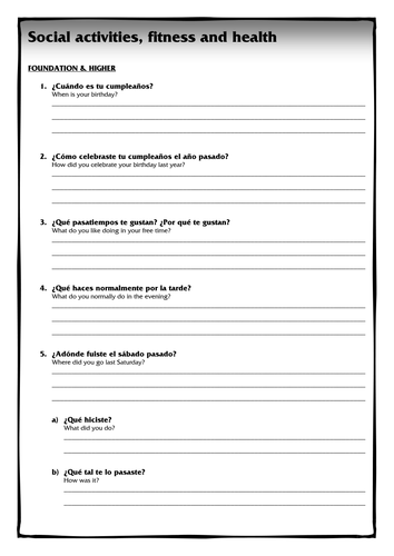 Spanish Edexcel Questions- Health & Fitness | Teaching Resources