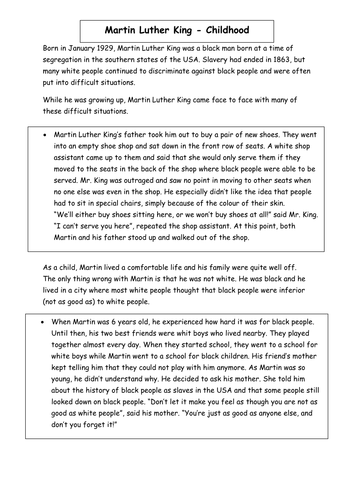 Martin Luther King Childhood lesson | Teaching Resources