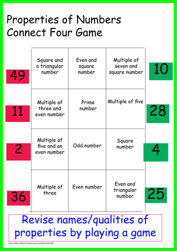 Properties of Number Connect Four.Games. KS2, KS3 | Teaching Resources