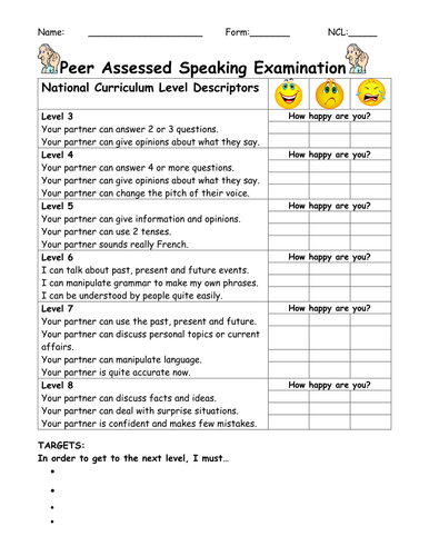 Speaking: Peer Assessment Sheets (A4L) | Teaching Resources