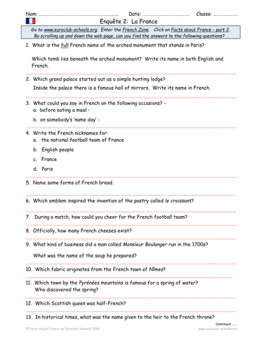Facts about France - Worksheets + Web Pages | Teaching Resources