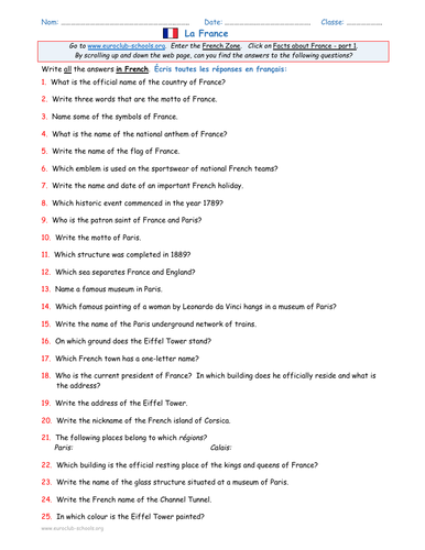 Facts about France - Worksheets + Web Pages | Teaching Resources