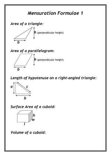 Mensuration Formulae record sheet | Teaching Resources
