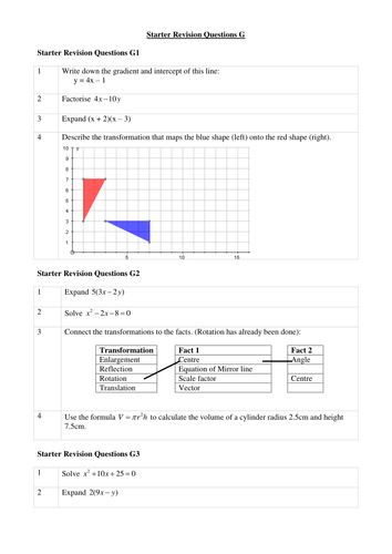 GCSE Revision Worksheets suitable as Starters | Teaching Resources