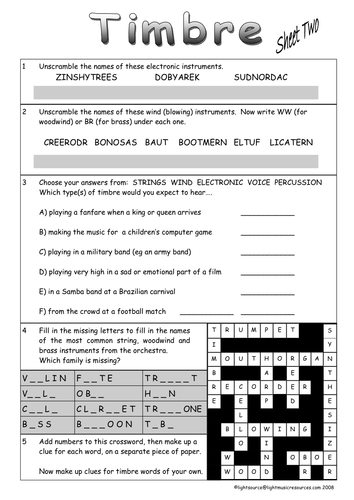 timbre puzzle sheet by rosharlingmusic - Teaching Resources - TES