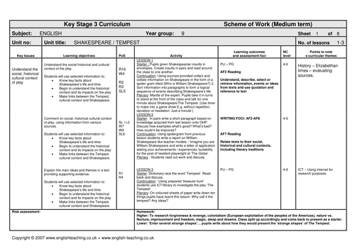 Schemes of Work: Drama. The Tempest by Shakespeare. | Teaching Resources