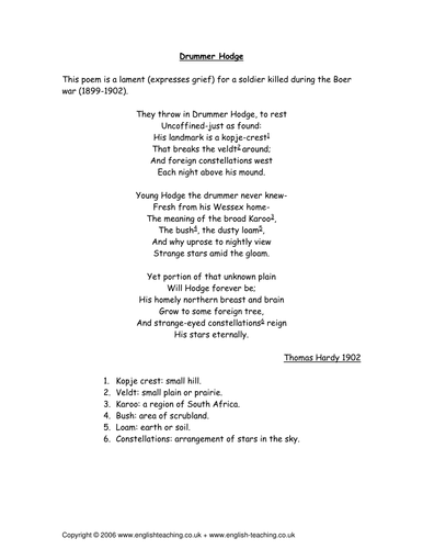 War Poetry: 'Drummer Hodge' by Thomas Hardy | Teaching Resources