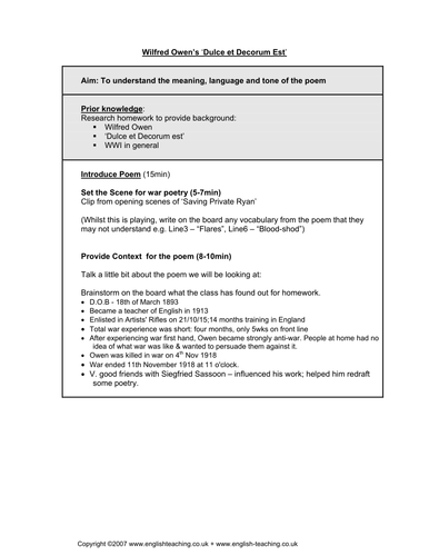 War Poetry - ‘Dulce et Decorum Est’ | Teaching Resources