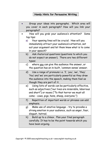 Persuasive Writing: Handy Hints | Teaching Resources