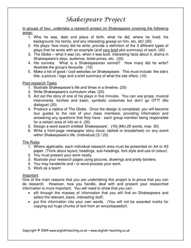 Shakespeare Research Project | Teaching Resources