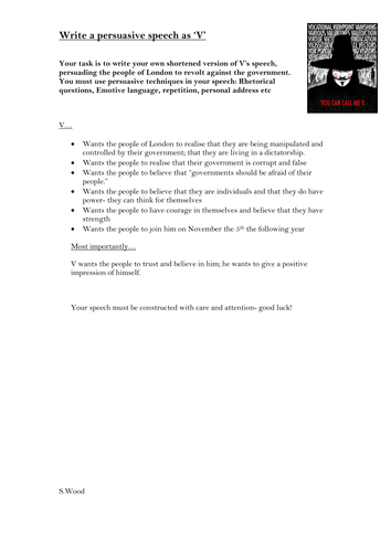 V for Vendetta write review and persuasive speech | Teaching Resources
