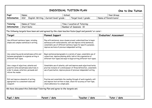 One to One Tuition Plan - Writing | Teaching Resources