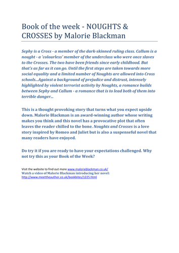 BOOK OF THE WEEK NOUGHTS AND CROSSES HM | Teaching Resources