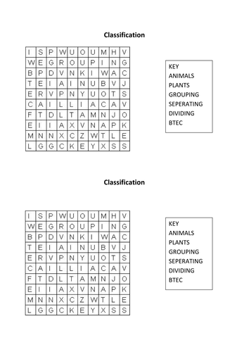 Classification wordsearch HT | Teaching Resources
