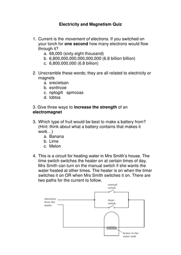 Electricity and magnetism quiz q's HT | Teaching Resources