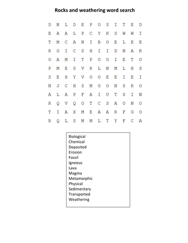Rocks and weathering wordsearch HT | Teaching Resources