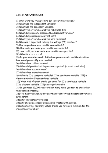 ISA practice questions RESISTANCE HT | Teaching Resources
