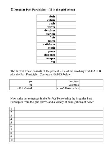 Spanish Past Participles - Irregular verbs | Teaching Resources