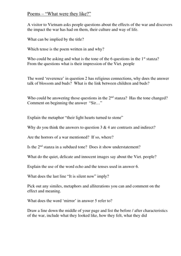further questions for GCSE poems cluster 1 and 2 | Teaching Resources
