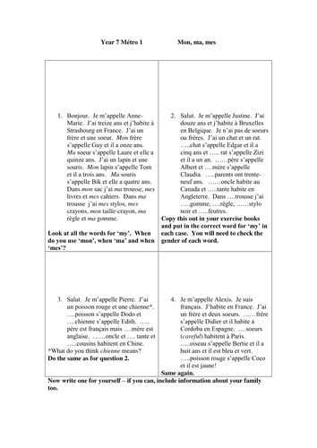 Mon, ma, mes | Teaching Resources