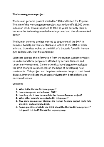 Human Genome Project worksheet HT | Teaching Resources