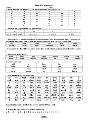 Letters and Sounds Phase 2, 3,4 and 5 Assessment | Teaching Resources